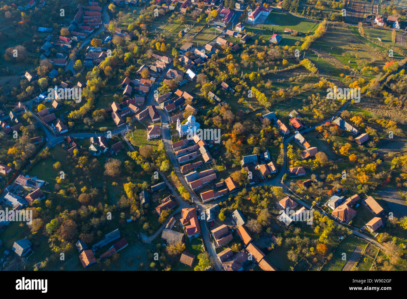 Aerial top drone view of countryside village in Transylvania, Romania ...