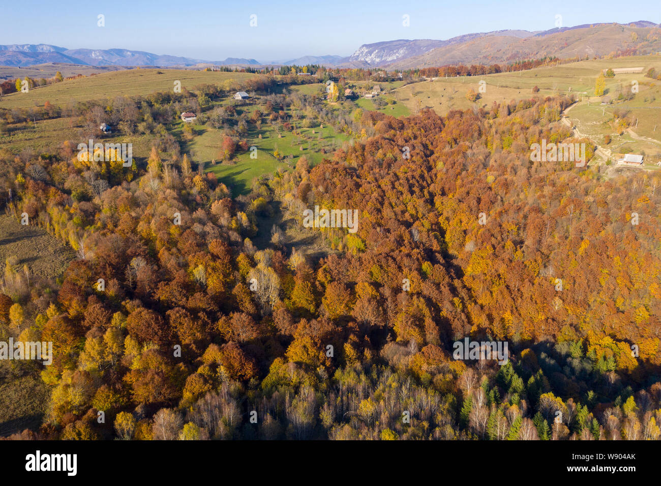 Aerial drone shot over autumn scenery in Transylvania, Romania Stock ...