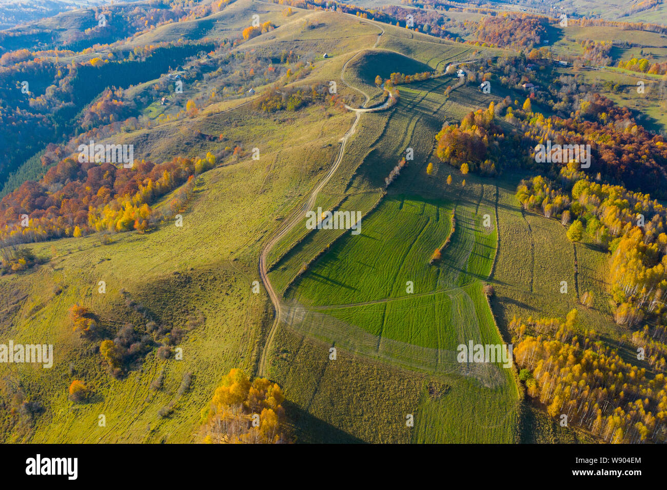 Aerial drone shot over autumn scenery in Transylvania, Romania Stock ...
