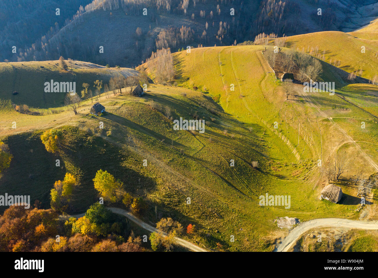 Aerial drone shot over autumn scenery in Transylvania, Romania Stock ...