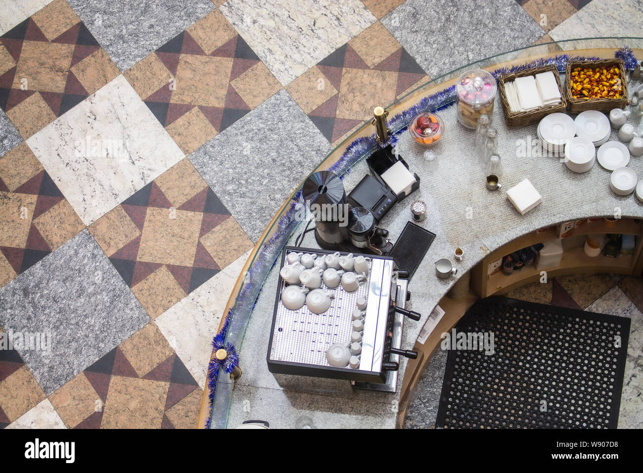 Bar counter in the coffee shop top view. Dishes cups saucer coffee ...