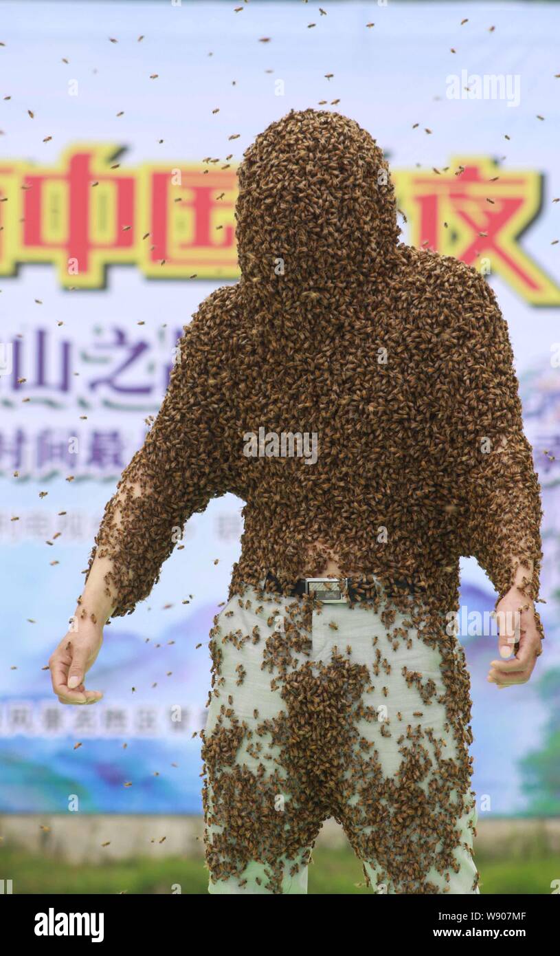 Chinese beekeeper Ruan Liangming is covered with bees to create a new ...