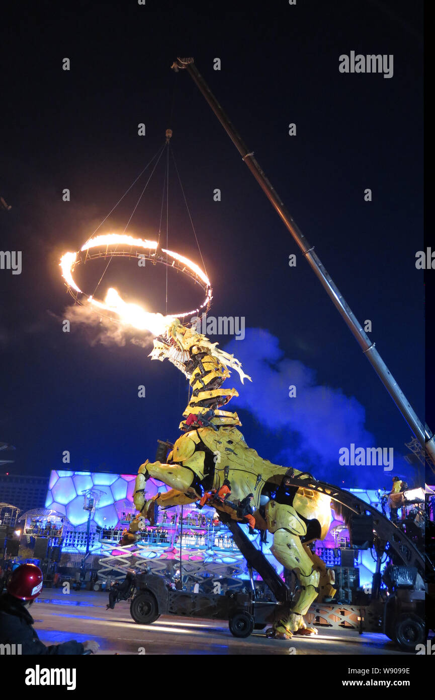 The Long Ma or Dragon Horse breathes fire during a rehearsal of the ...
