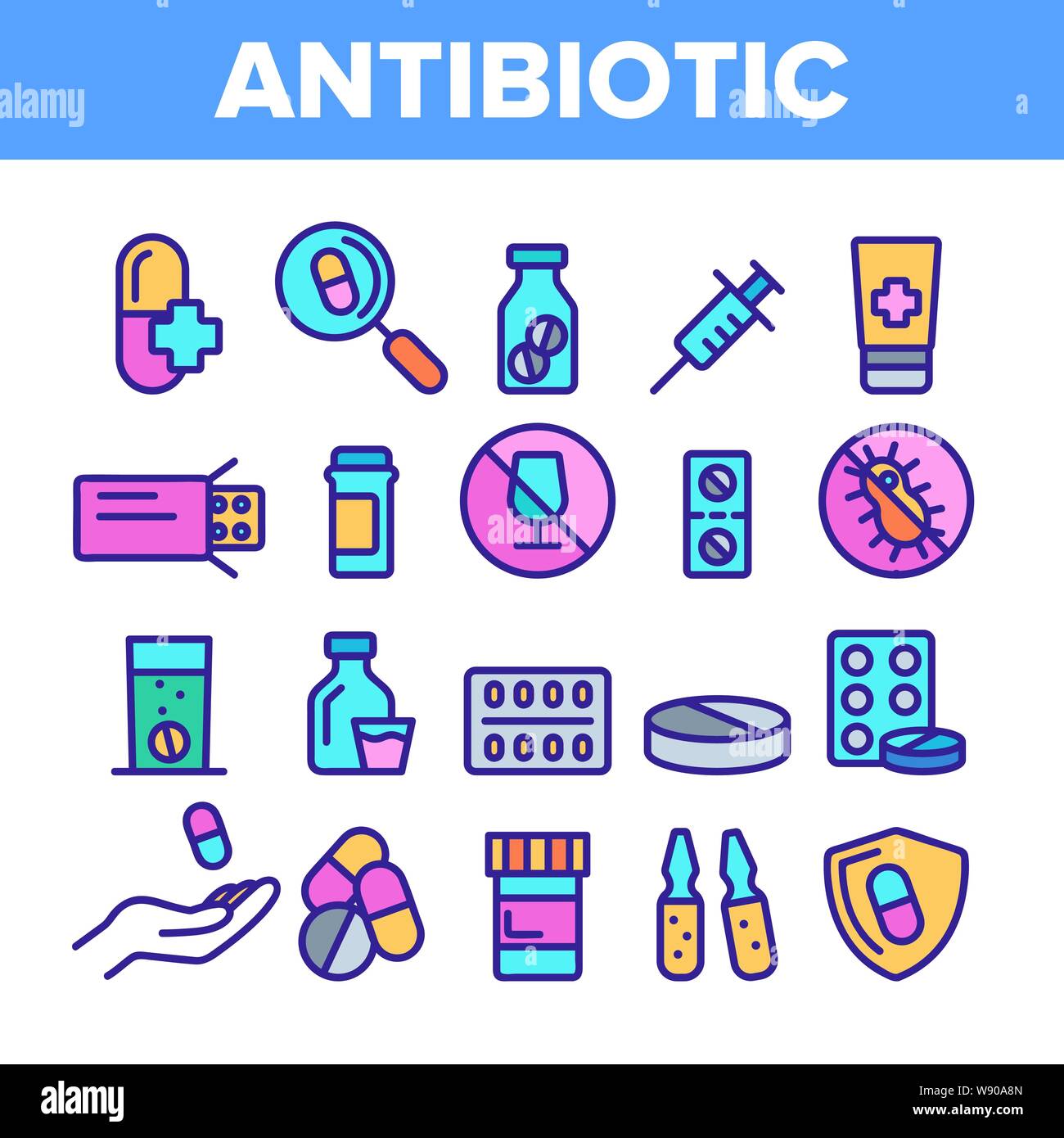 Color Antibiotic Thin Line Icons Set Vector Stock Vector Image & Art ...