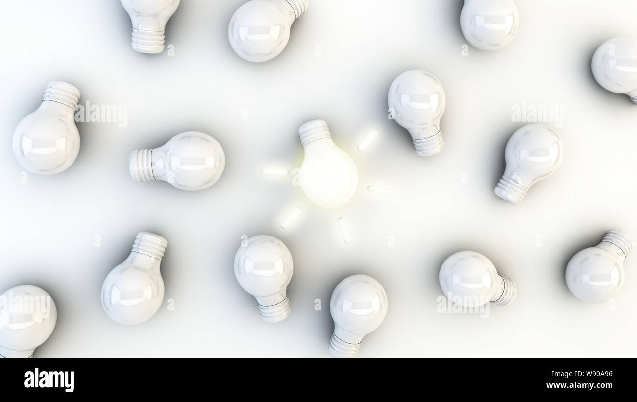 Top view of light bulbs on a white background and one of the light ...