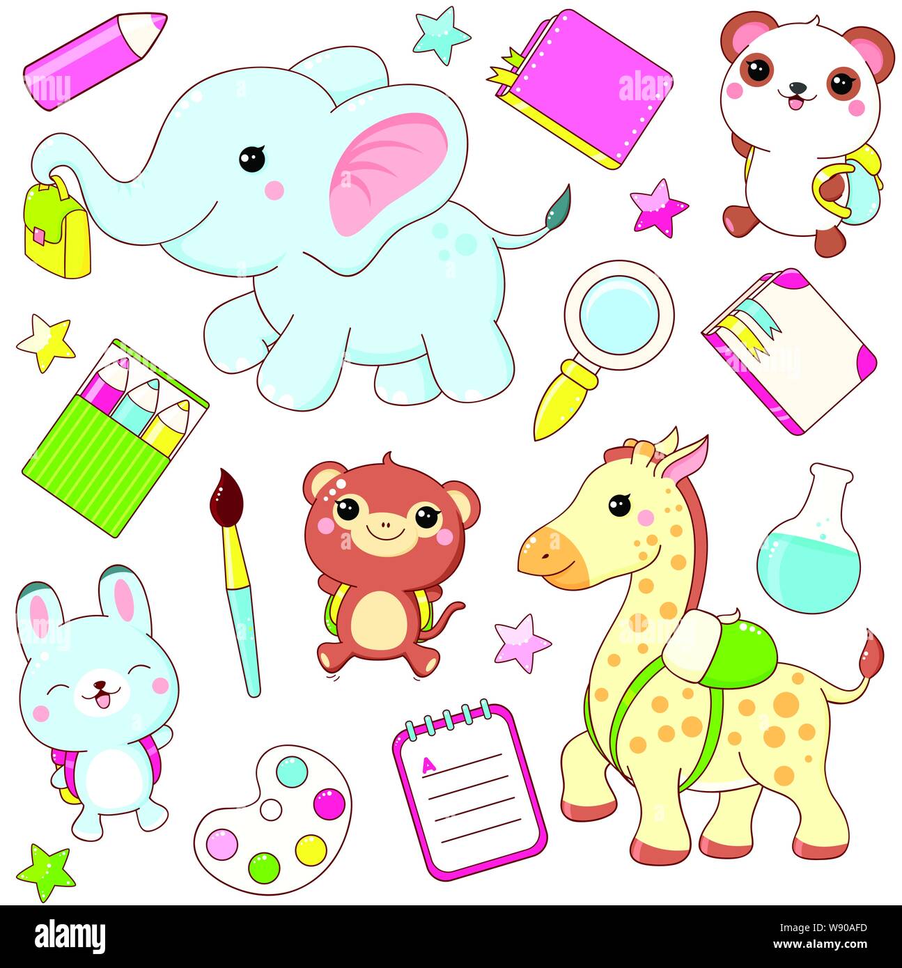 Back to school. Vector set of education icons in kawaii style. Elephant ...