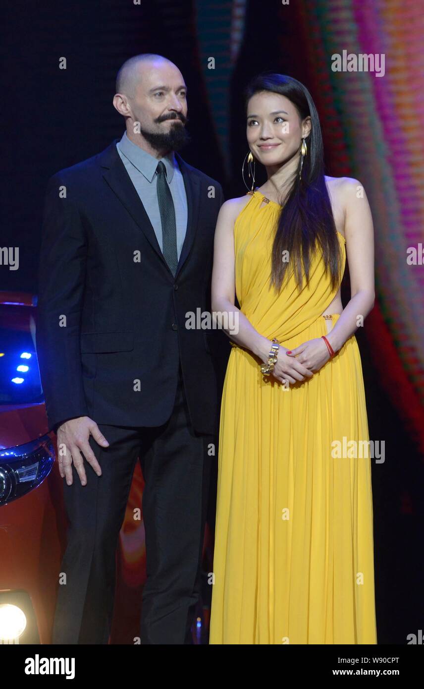 Australian actor Hugh Jackman, left, and Taiwanese actress Shu Qi pose ...