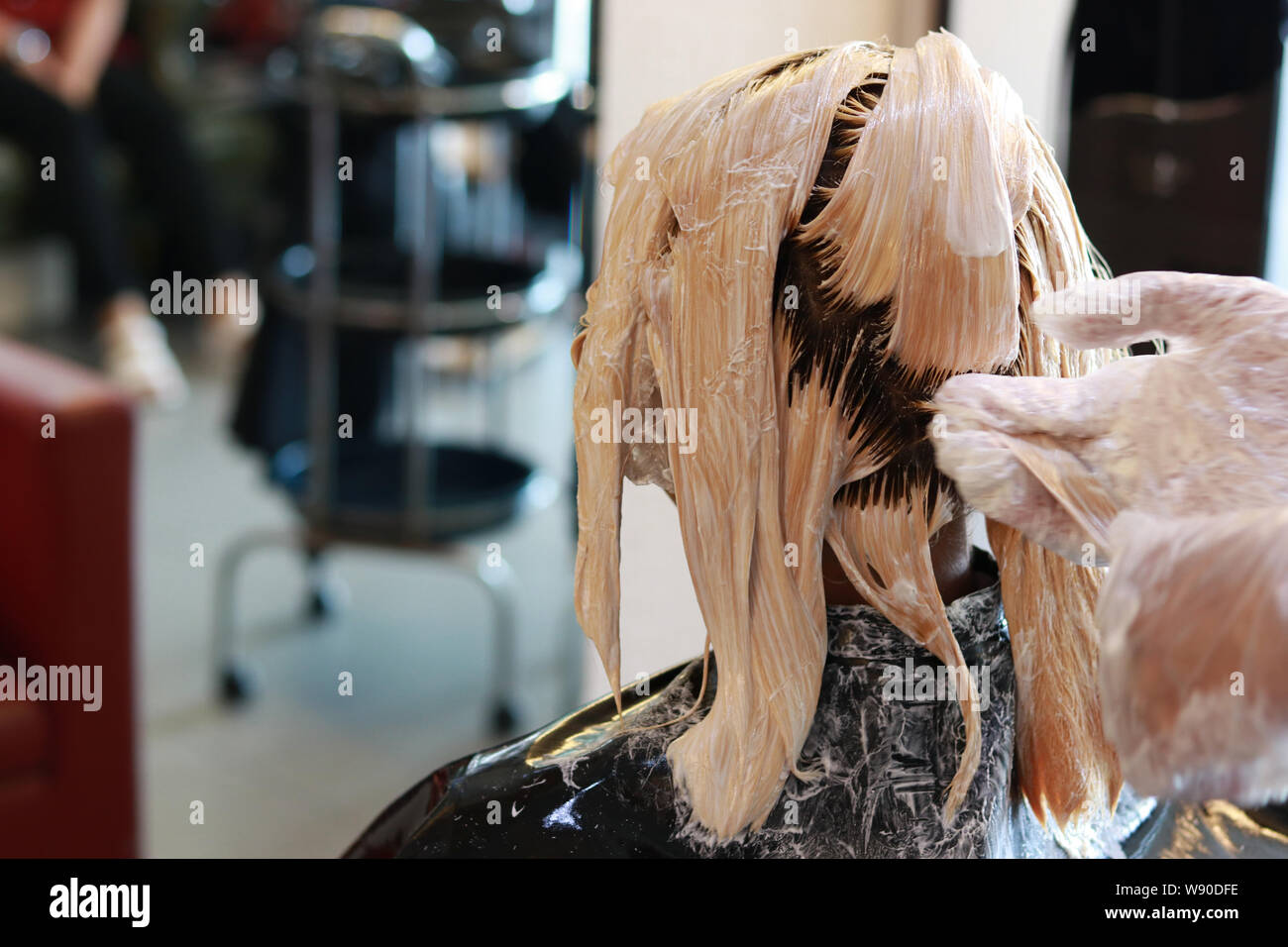light color wet hair are whole head applying in salon Stock Photo - Alamy