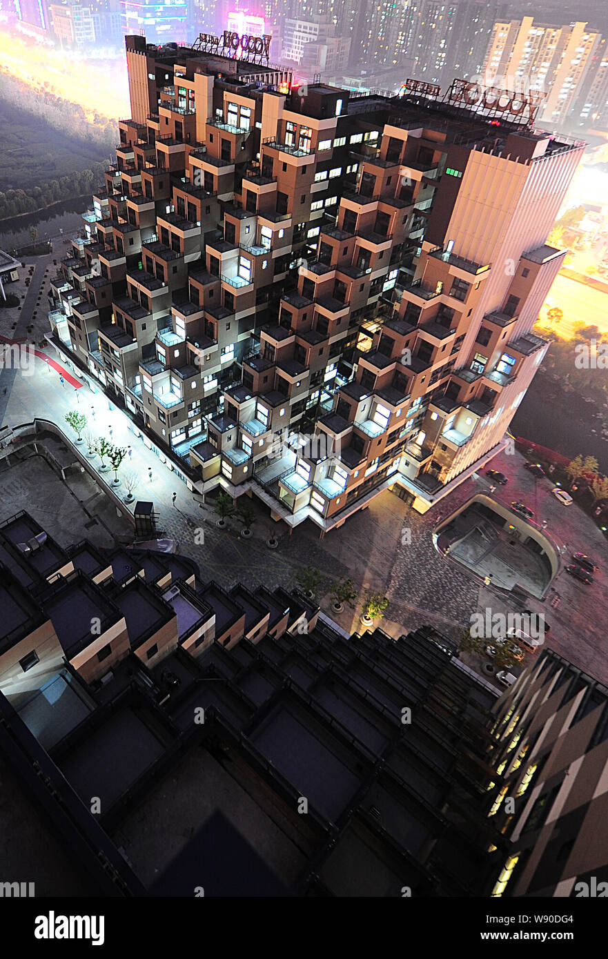 Night view of the Pyramid-shape office buildings in Kunshan city, east ...