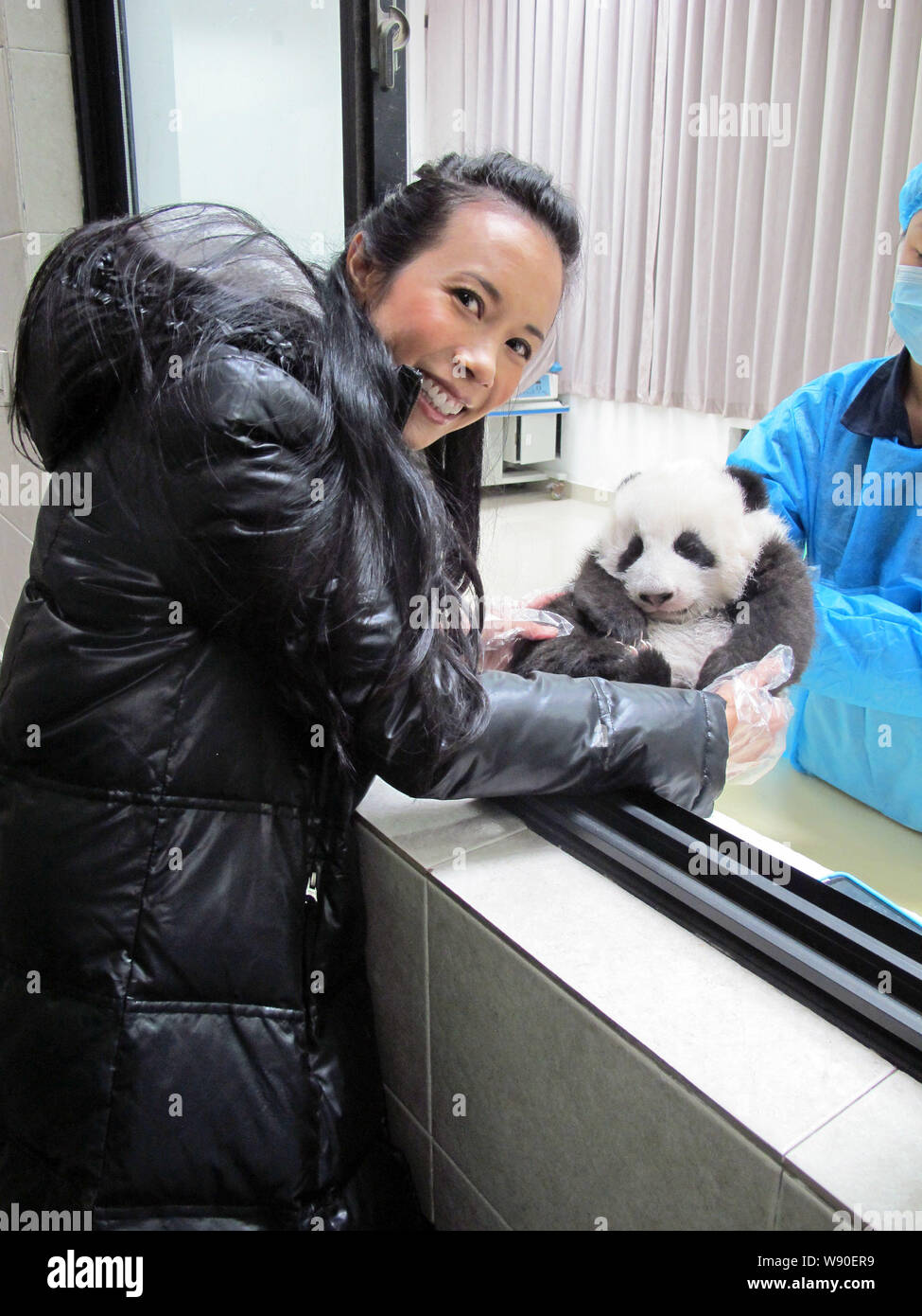 Hong Kong singer and actress Karen Mok holds a giant panda cub at the ...
