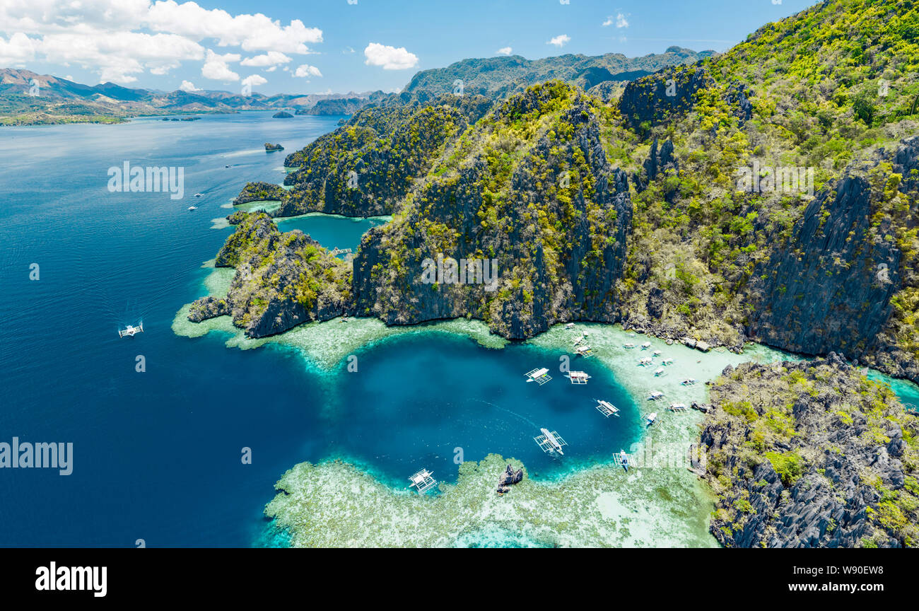 Aerial view of beautiful lagoons and limestone cliffs of Coron, Palawan ...