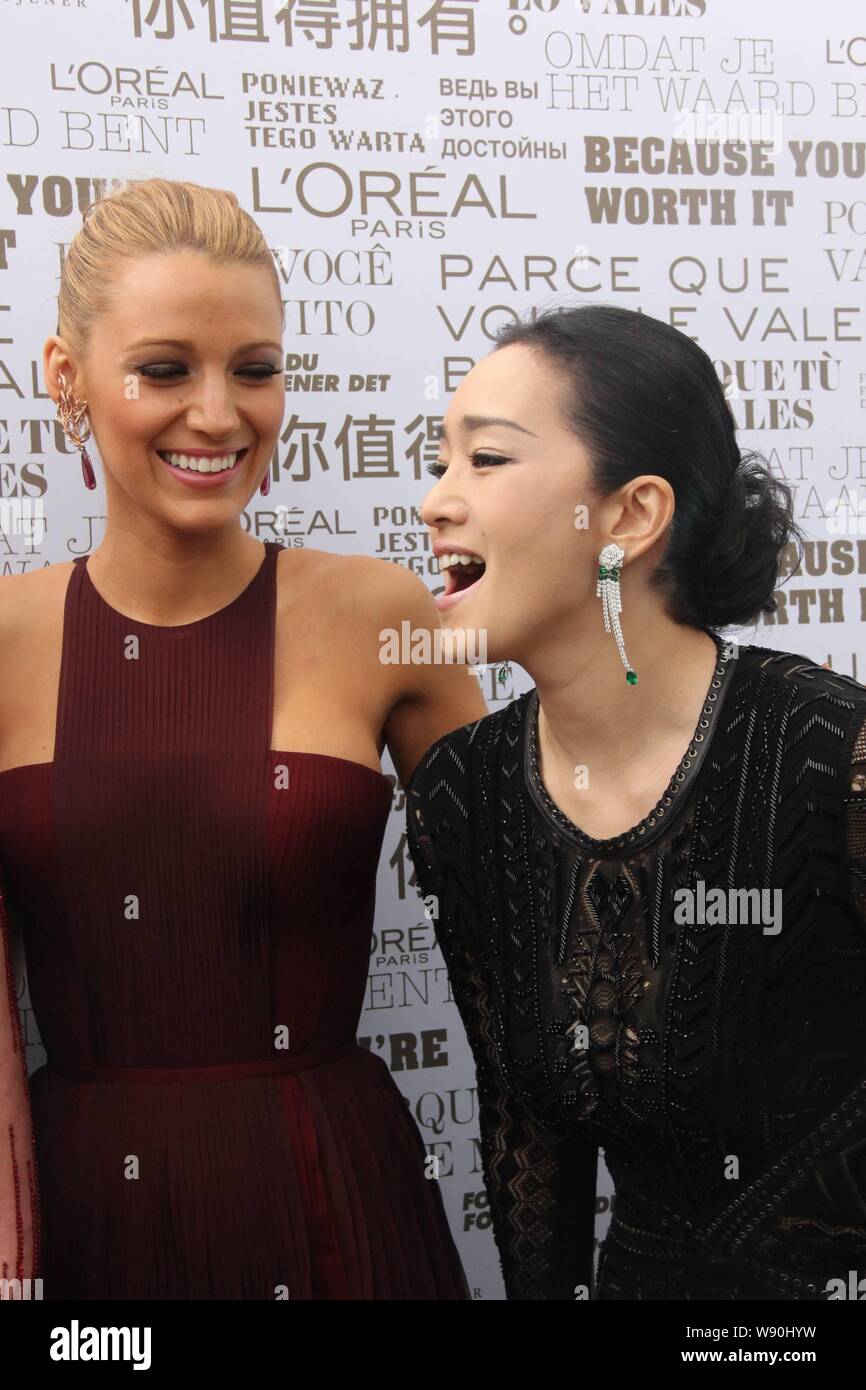 Chinese actress Gong Li, right, reacts next to American actress Blake ...