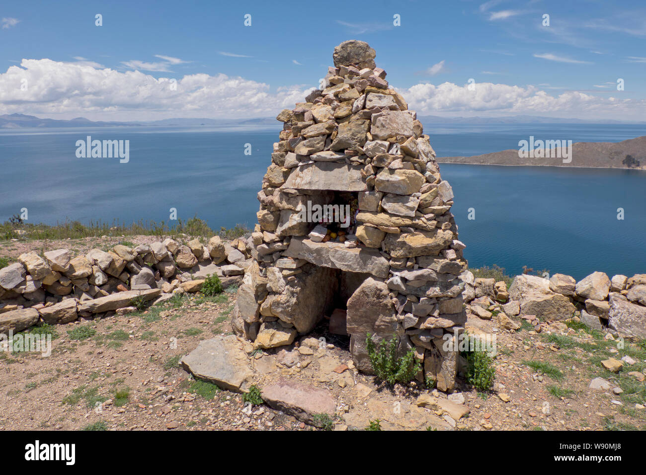 Traditional Inca first nation stone altar on the Island of the Sun on ...