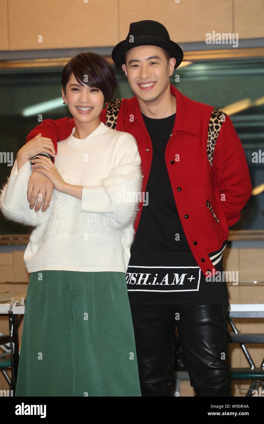 Taiwanese singer Rainie Yang, left, poses with Taiwanese singer Wilber Pan during a rehearsal ...