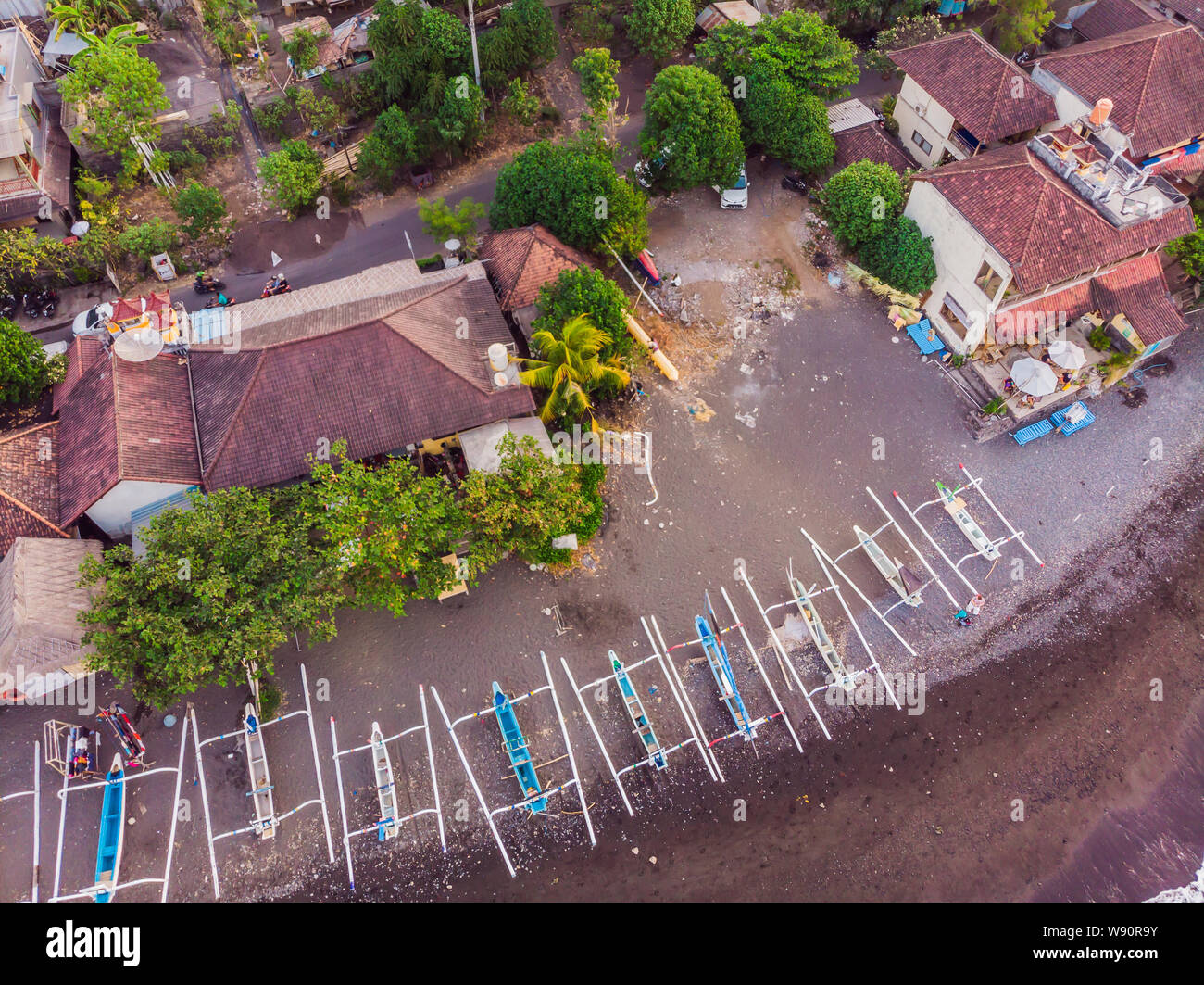 Aerial view of Amed beach in Bali, Indonesia. Traditional fishing boats ...