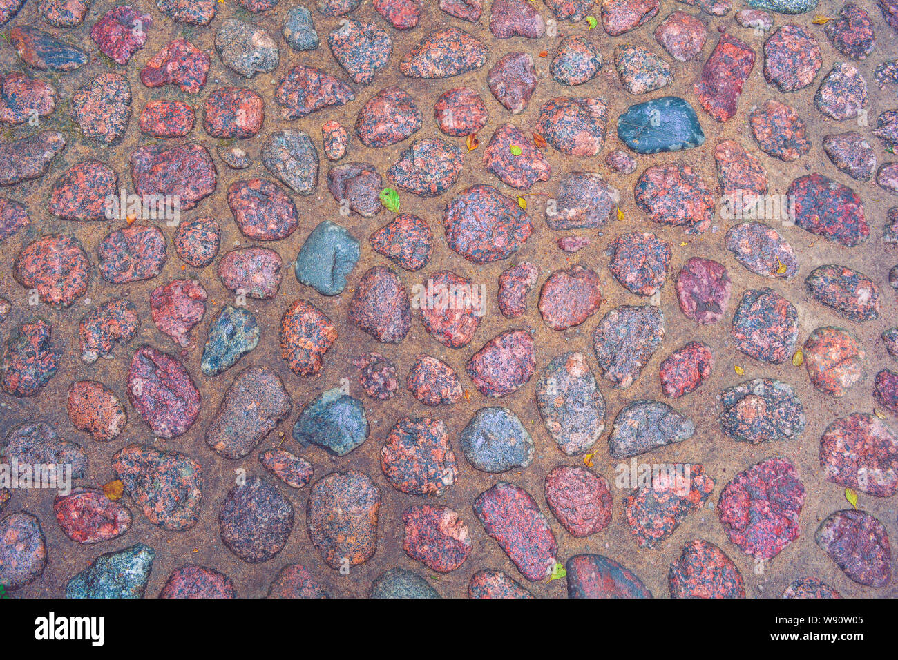Stone background of pavement with rough wet granite boulders. Texture ...