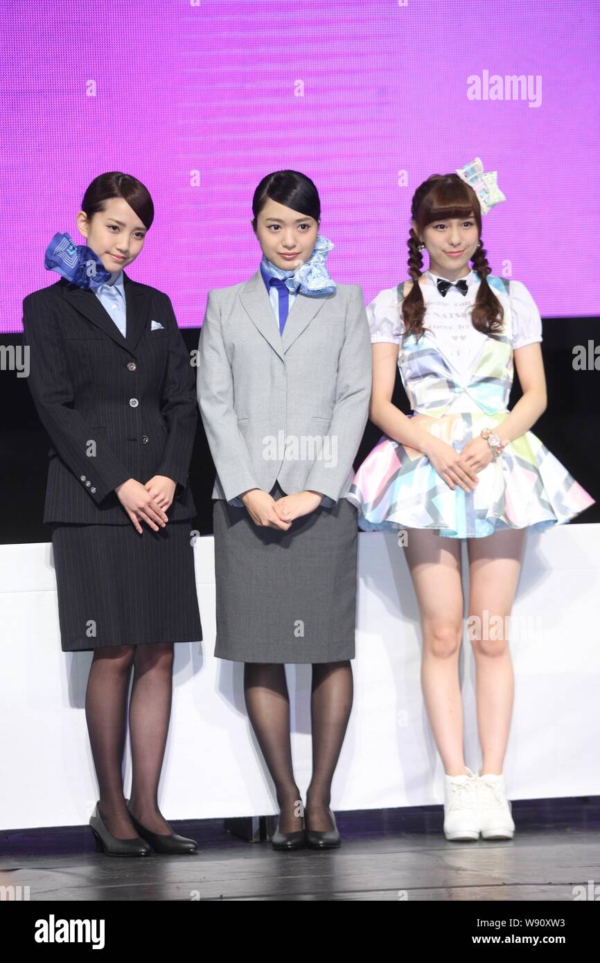 (From left) Rena Kato, Rie Kitahara and Natsuki Kojima of Japanese idol group AKB48 pose at a ...