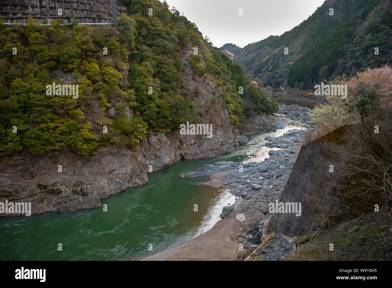 Aerial view to Katsura River flowing through the Hozukyo Ravine, near ...