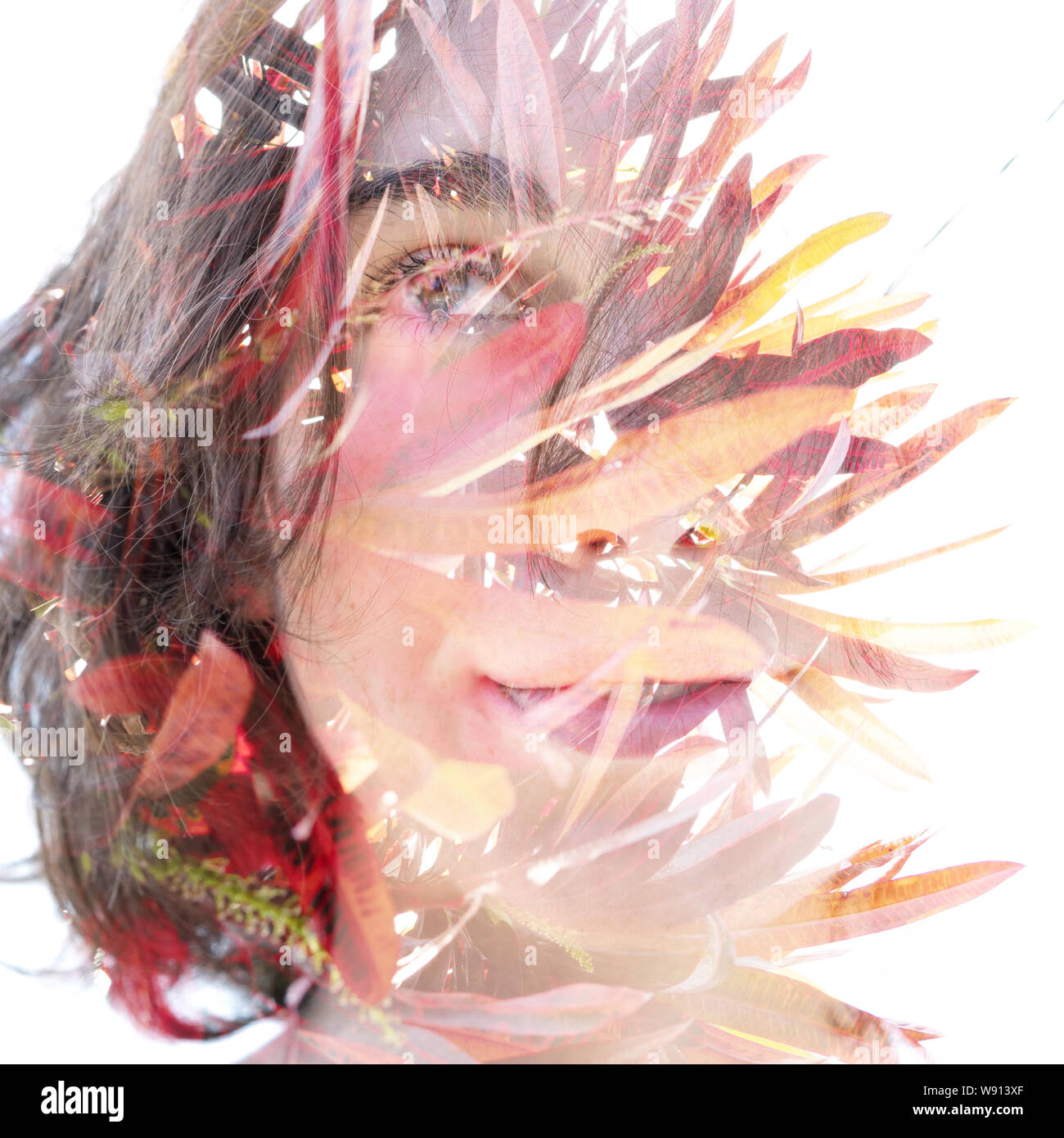 Double exposure close up portrait of happy young woman with short hair ...