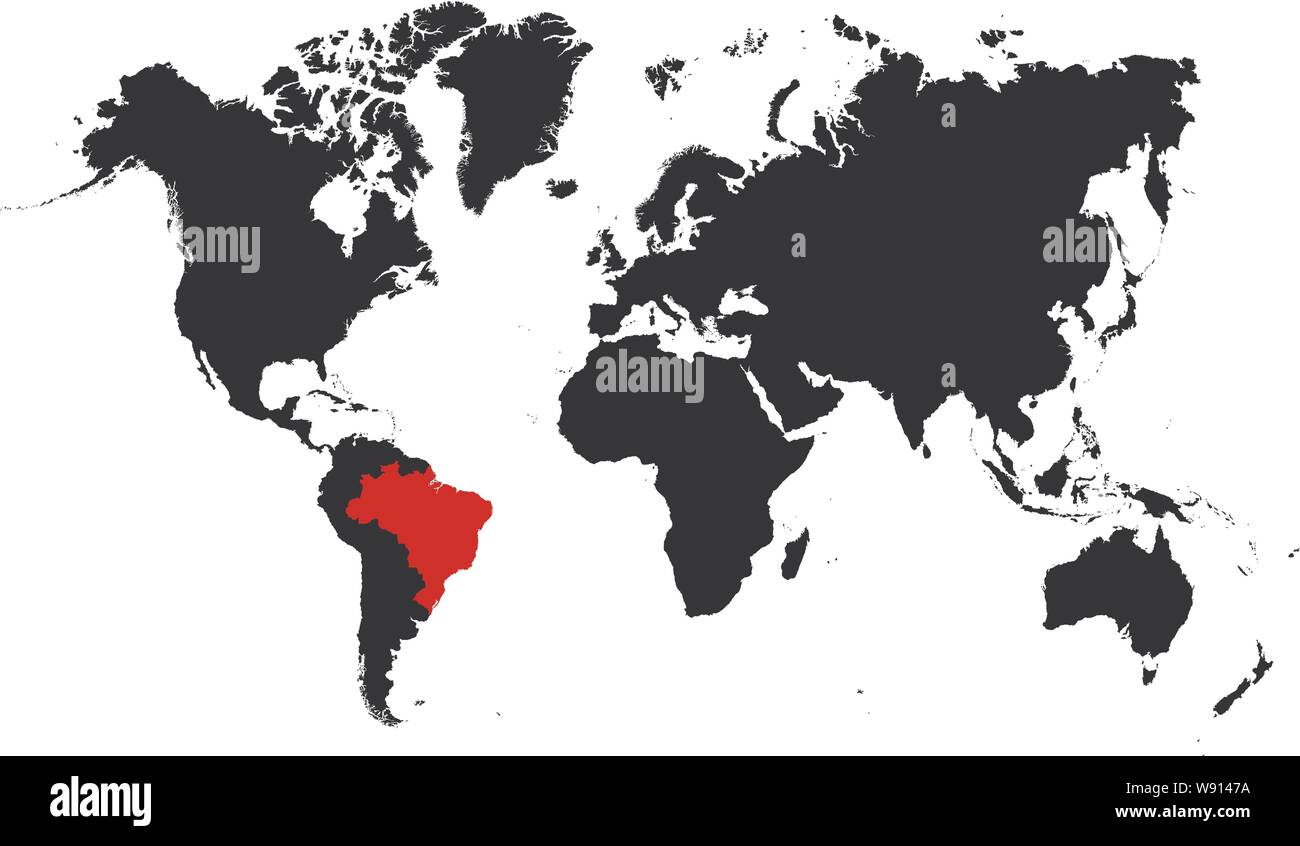 The map of Brazil is highlighted in red on the world map - Vector ...