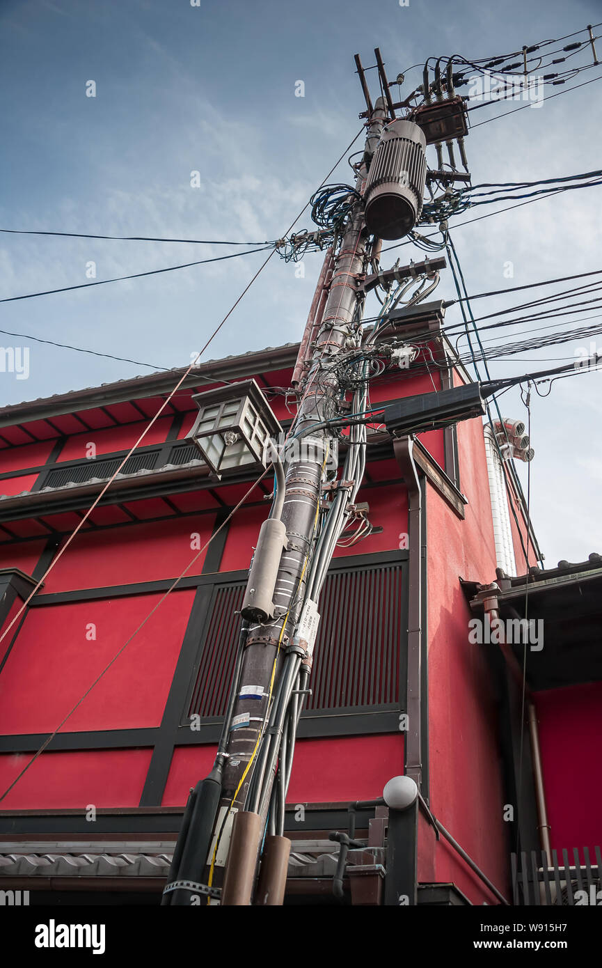 Overhead power lines and old red building in the Gion District of Kyoto ...