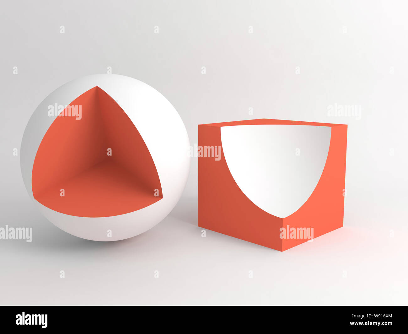 Abstract digital still life installation with sliced red white cube and ...