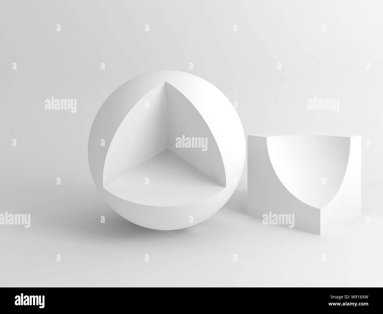 Abstract Digital White Still Life Installation With Sliced Cube And