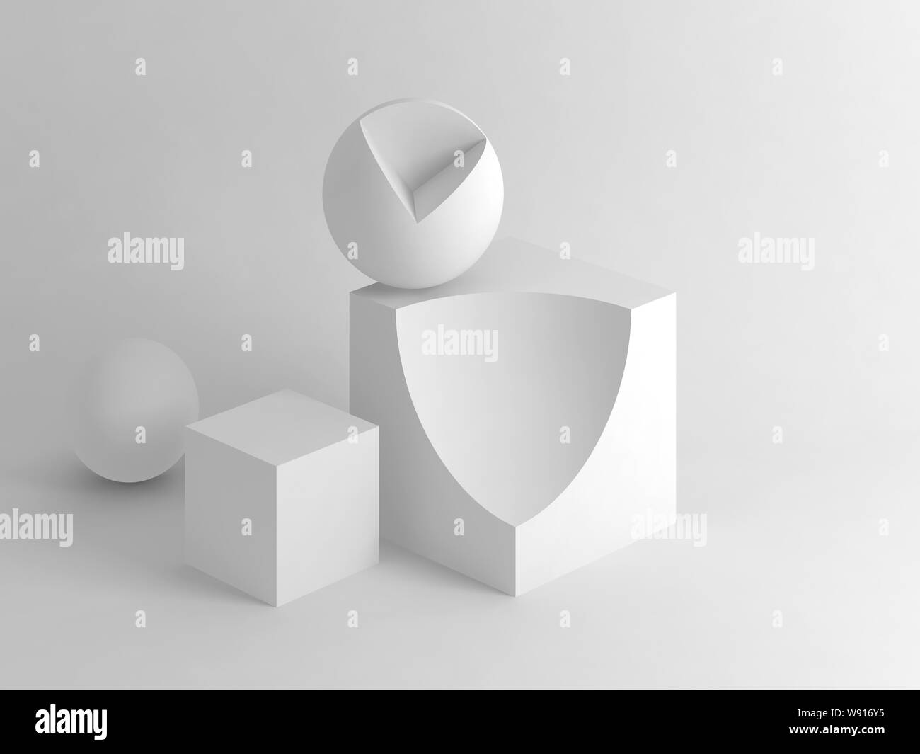 Abstract white still life installation with primitive sliced geometric shapes. Subtract Boolean ...