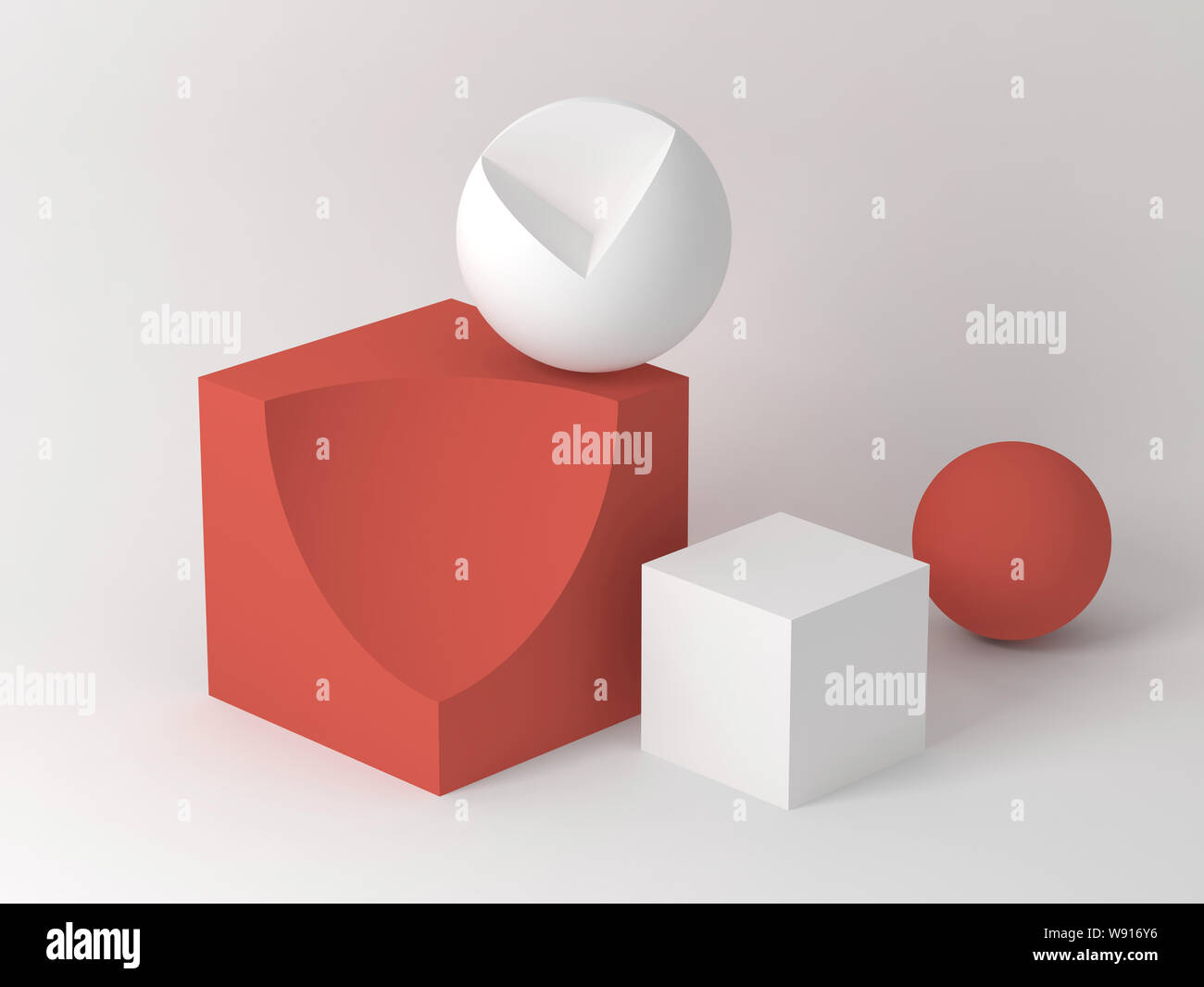 Abstract cg still life installation with red white geometric shapes over soft shaded background ...