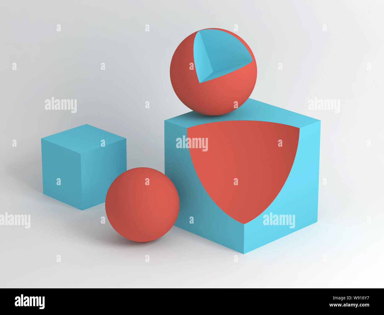 Abstract digital still life installation with red blue geometric shapes over white soft shaded ...