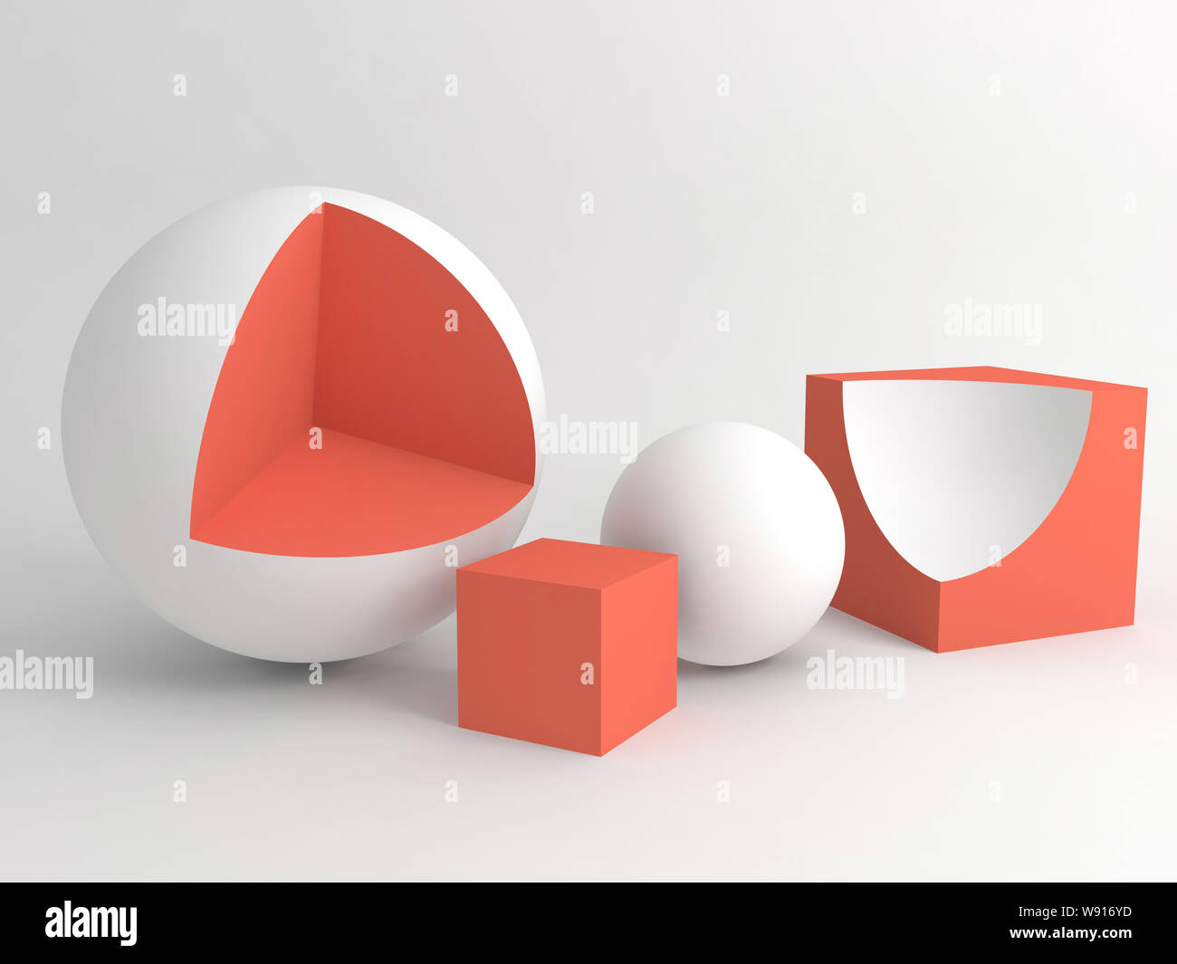 Abstract still life installation with red white geometric shapes over white soft shaded ...