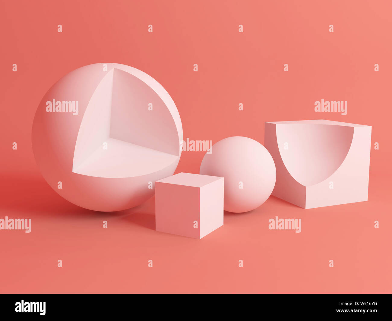 Abstract still life installation with white geometric shapes over pink soft shaded background ...