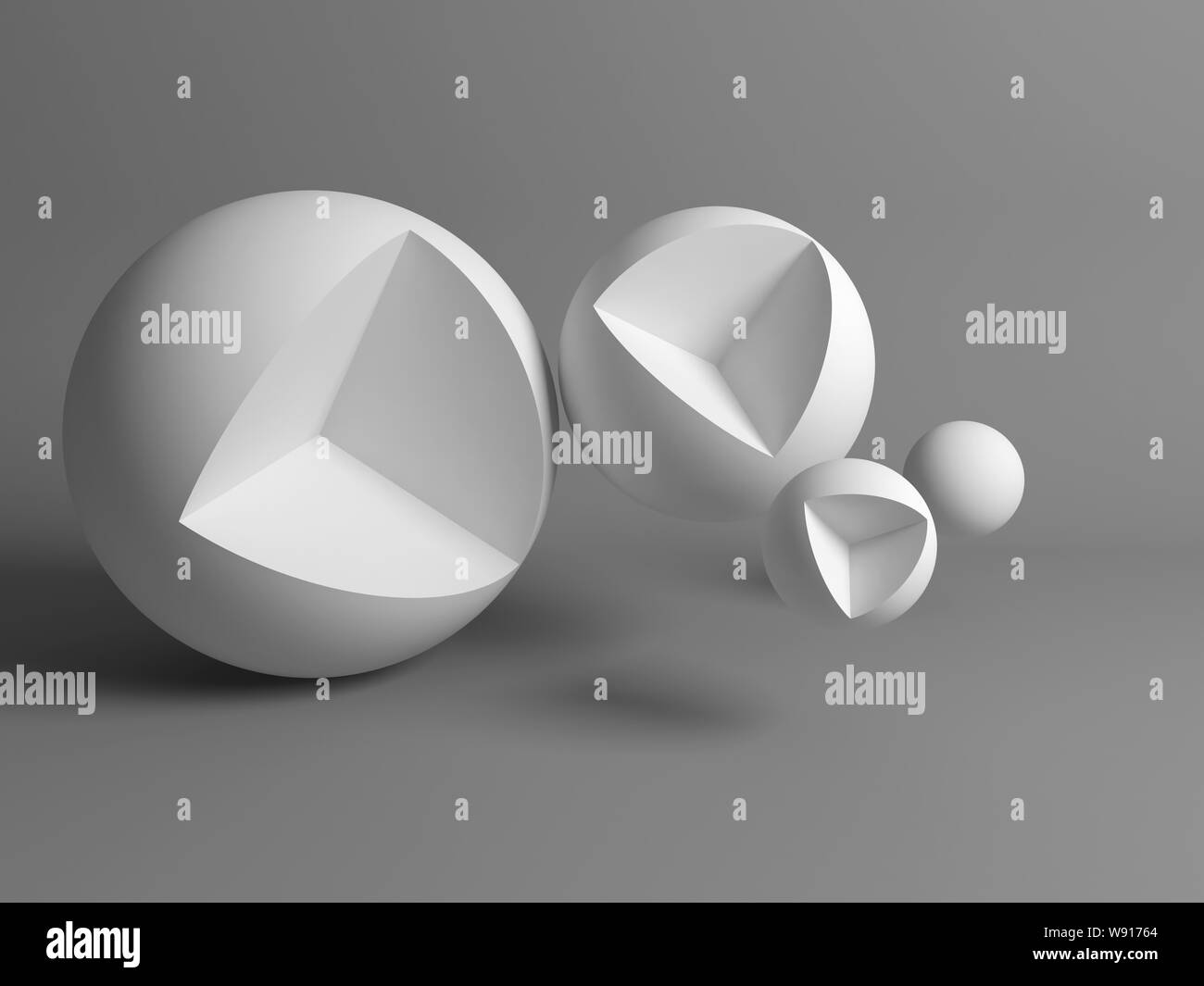 Abstract still life installation, white spheres with cubical cut ...