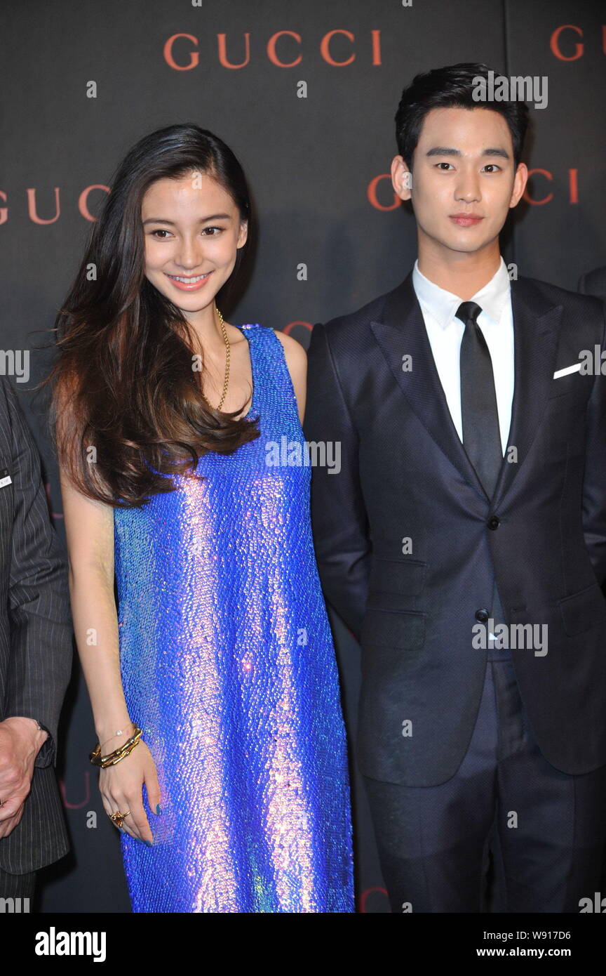 South Korean actor Kim Soo-hyun, right, Hong Kong actress and model Angelababy pose during the ...