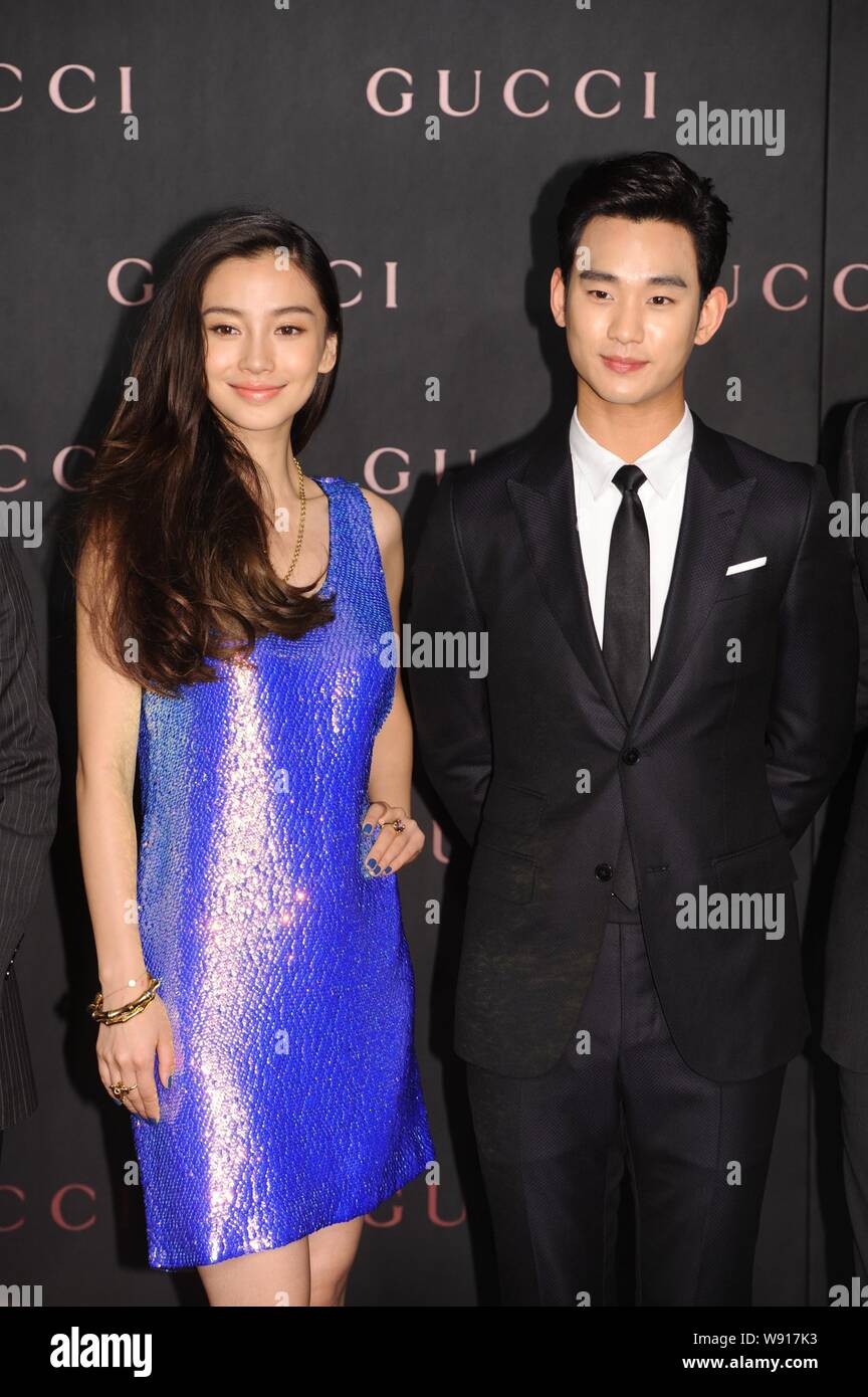 South Korean actor Kim Soo-hyun, right, Hong Kong actress and model Angelababy pose during the ...