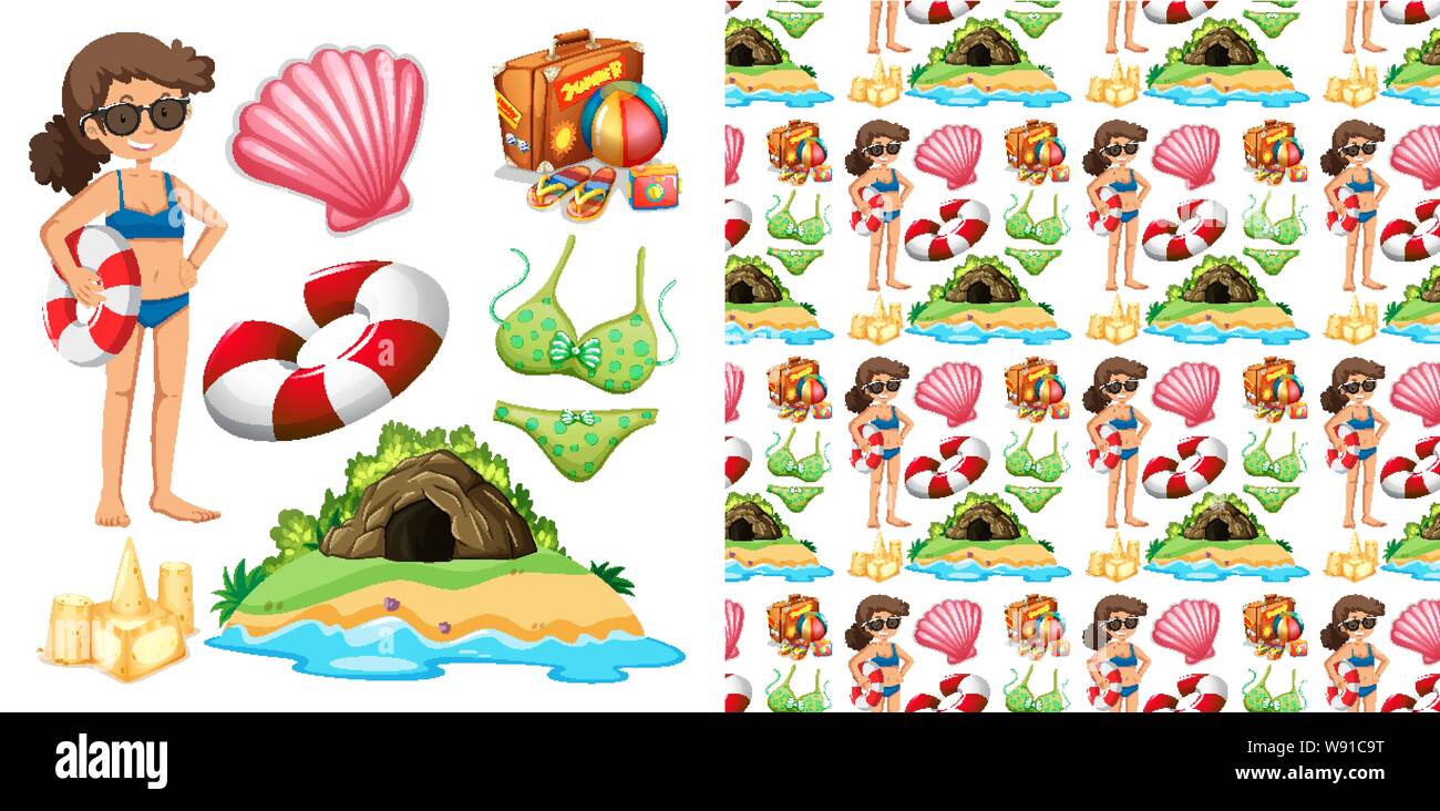 Set of seamless background design with isolated objects theme - summer ...