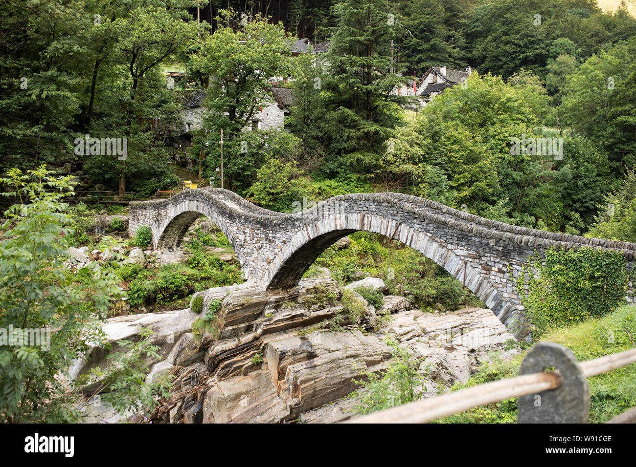 The Ponte dei Salti, a famous stone bridge over the Verzasca River in ...