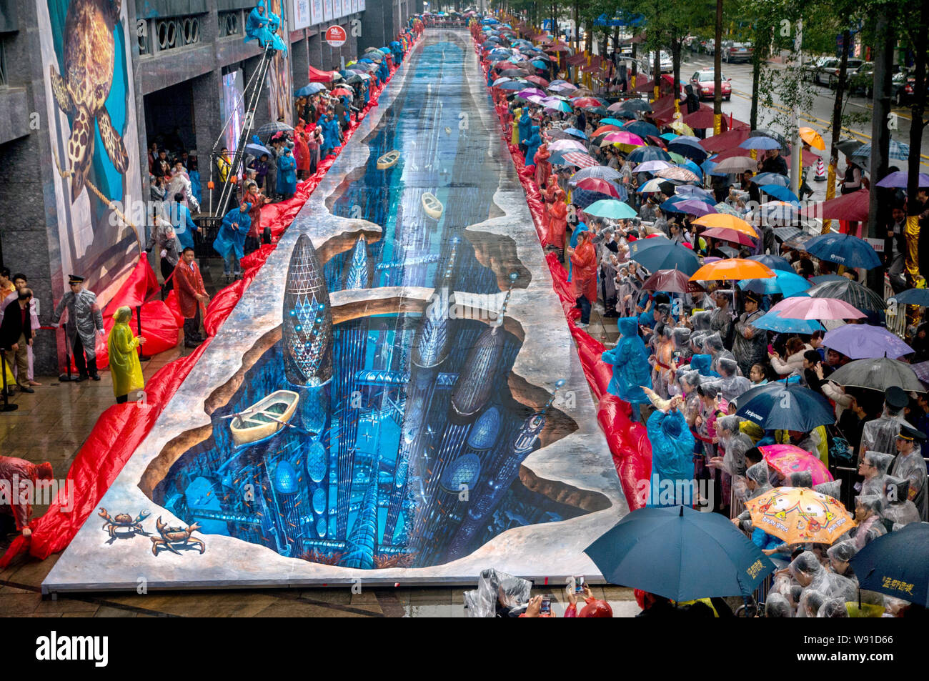 Visitors look at the 200-meter long, 6.1-meter wide 3D painting created ...