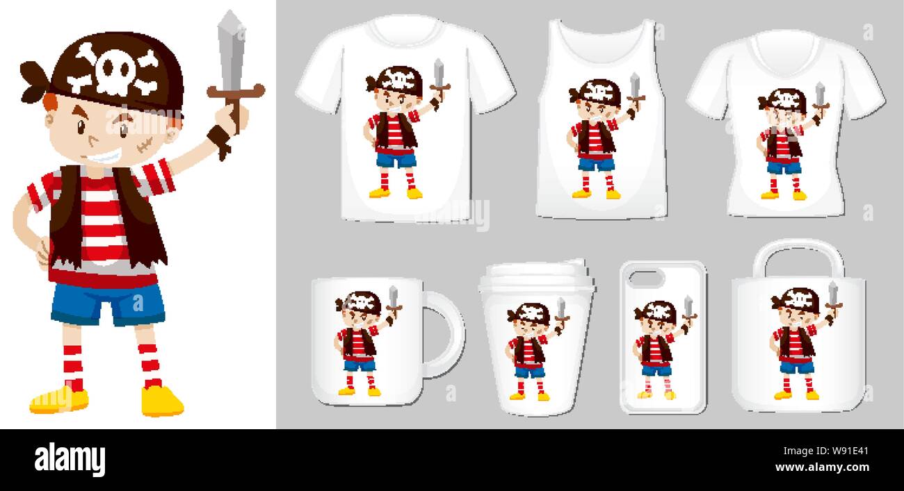 Graphic of pirate on different types of product template illustration ...