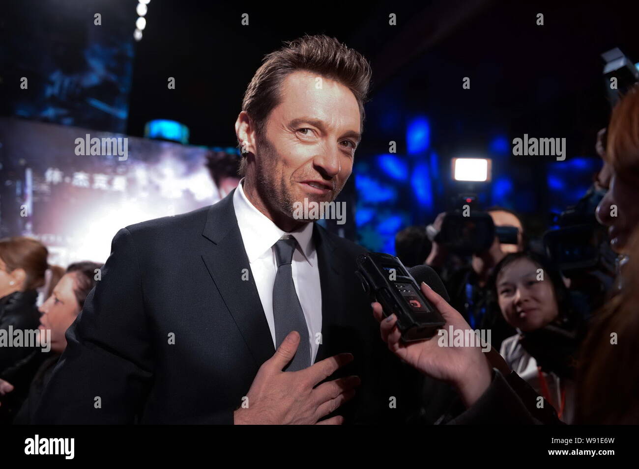 Australian actor Hugh Jackman is interviewed during a premiere for his ...