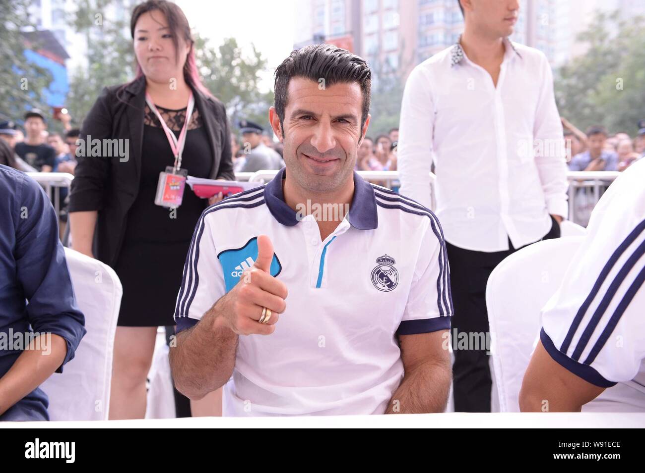 Portuguese football star Luis Figo of Real Madrid Leyendas, attends a ...