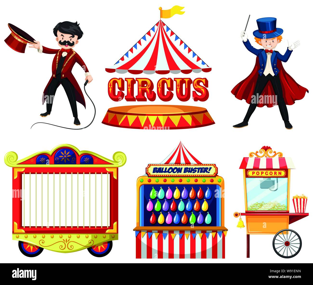 Circus theme objects with magician, tent, cage, games and food stall ...