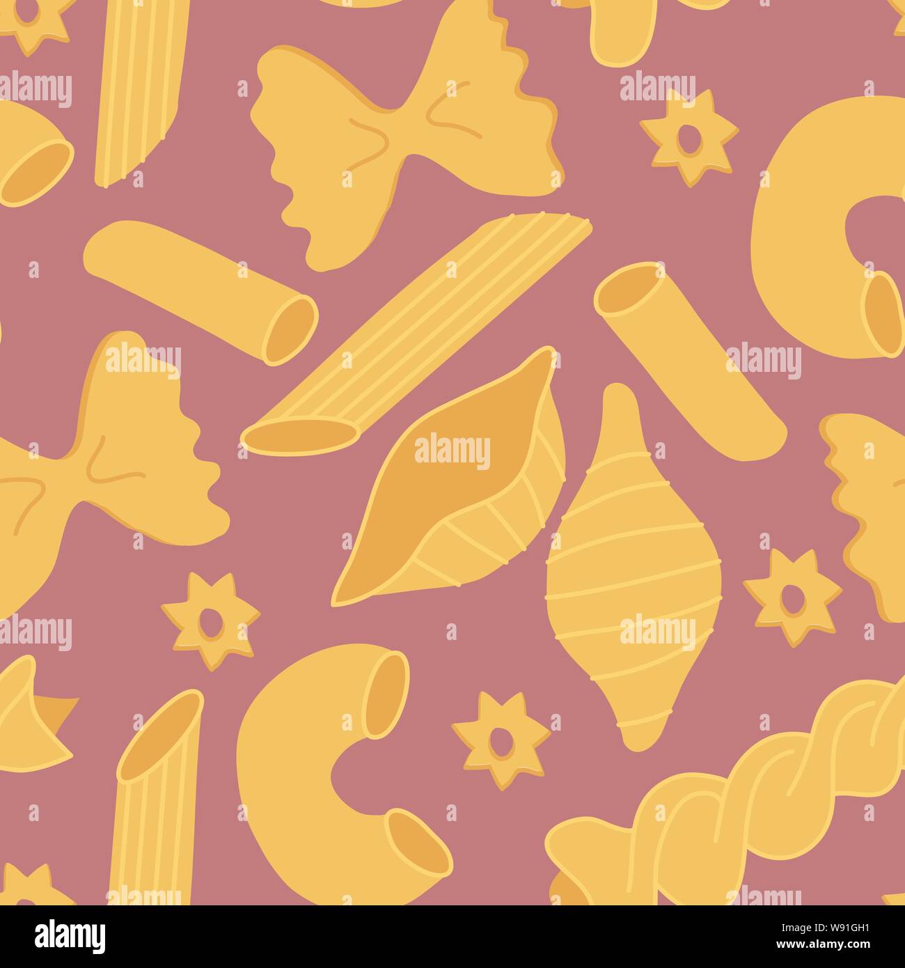 Vector seamless pattern of different tipes of pasta on pink background ...