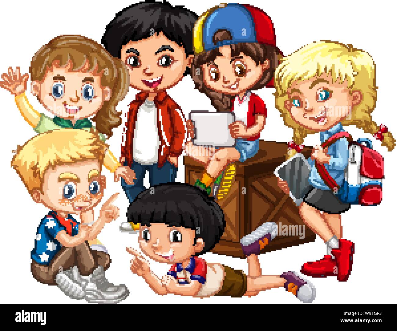 Boys and girls together in group on white background illustration Stock ...