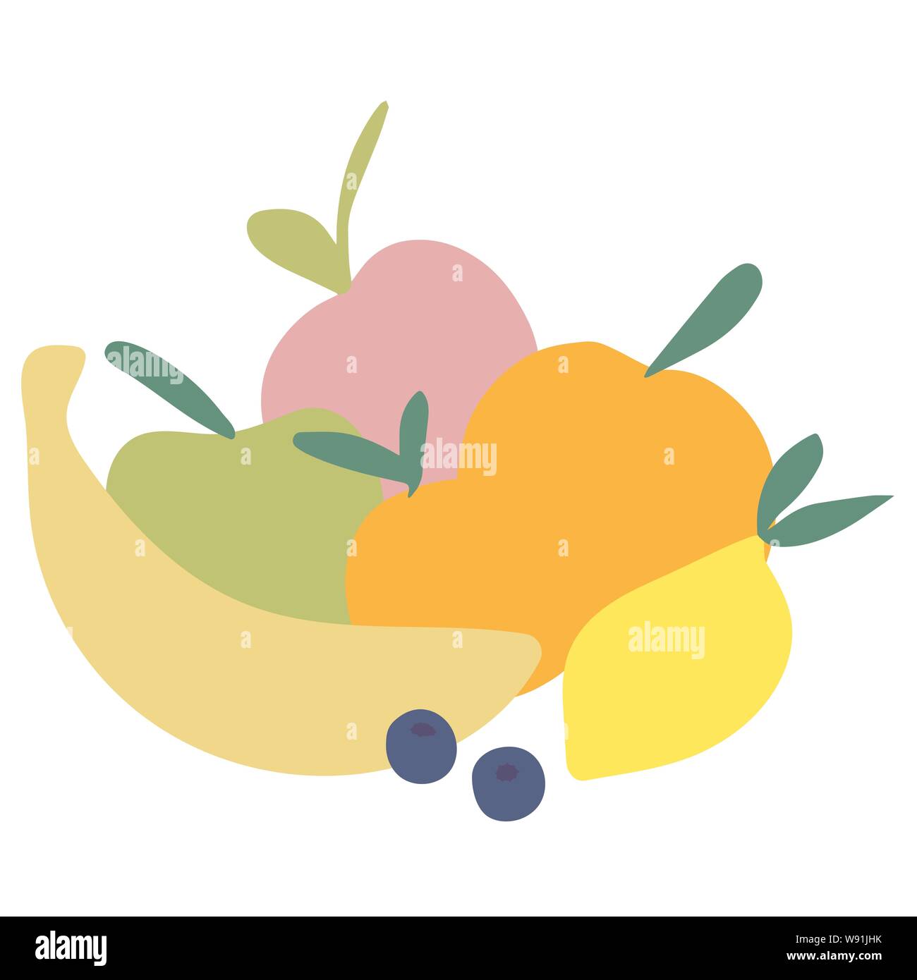 Vector illustration of fruits: lemon orange, banana, peach, apple and ...