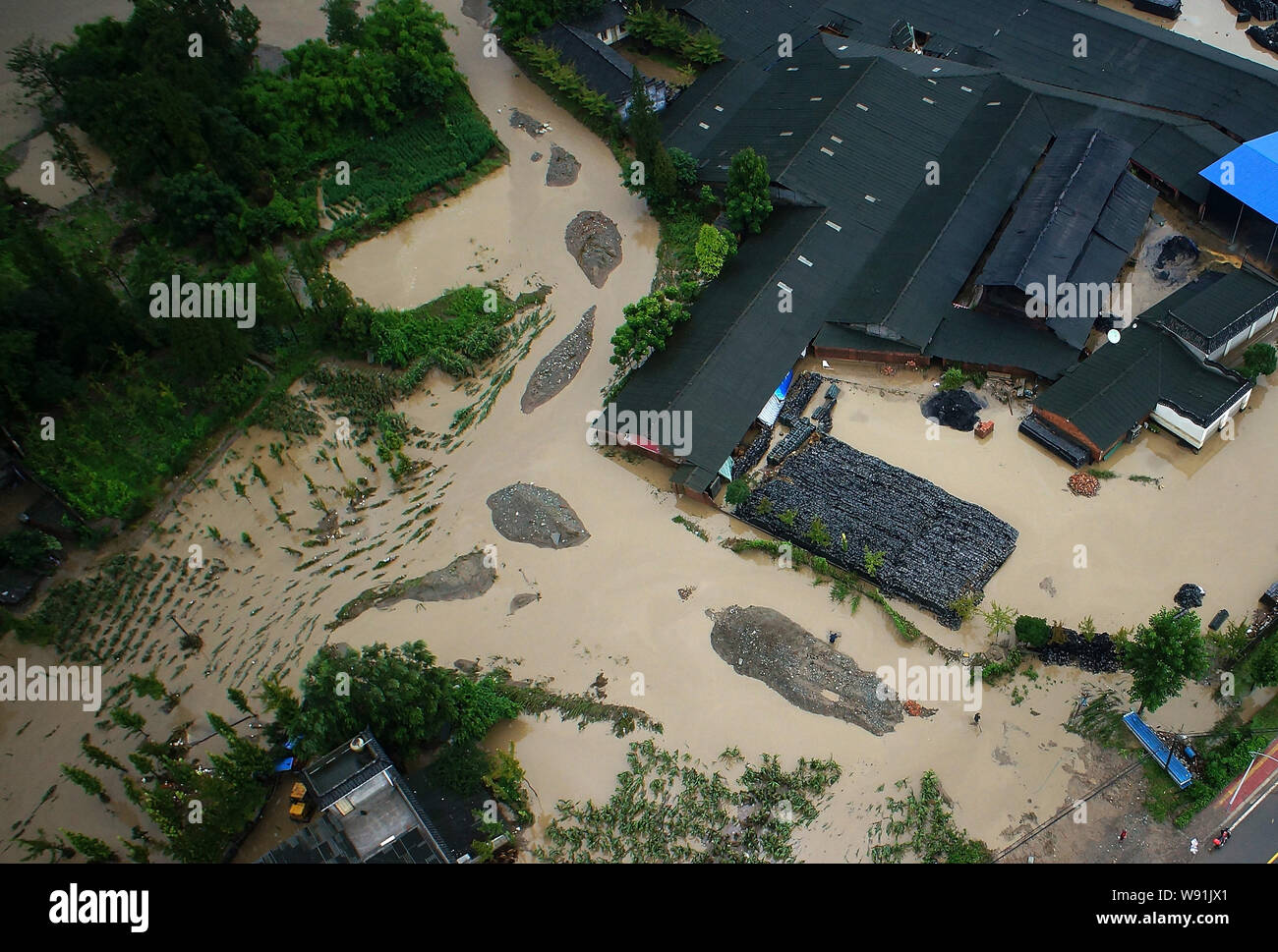 Aerial view of houses submerged by floods caused by heavy rain in ...