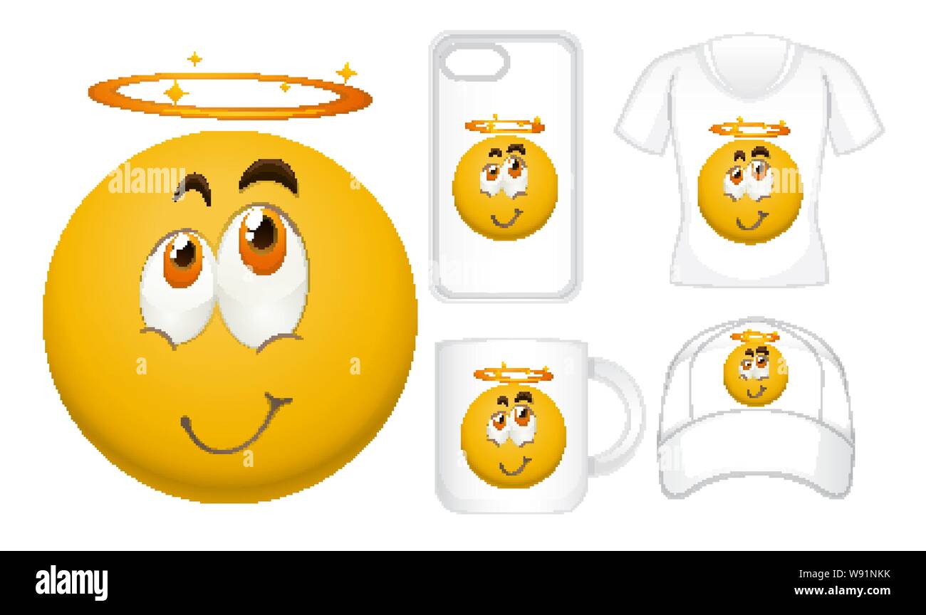 Graphic design on different products with happy face illustration Stock ...