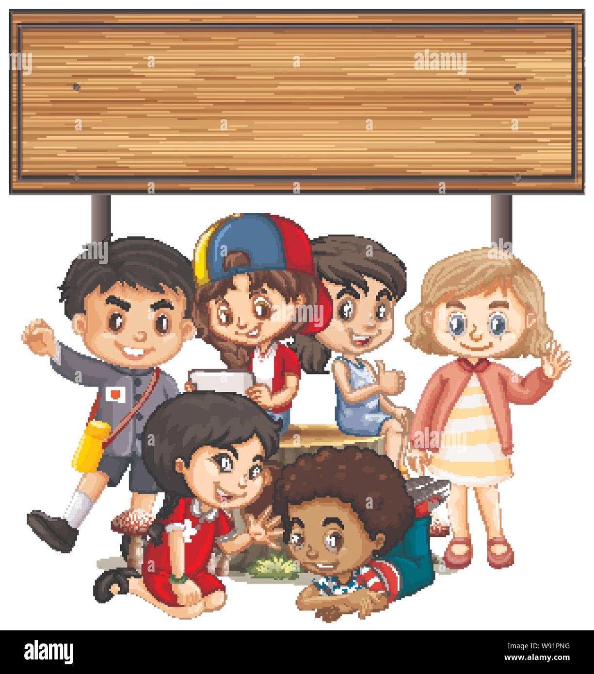 Banner template design with children under wooden board illustration ...