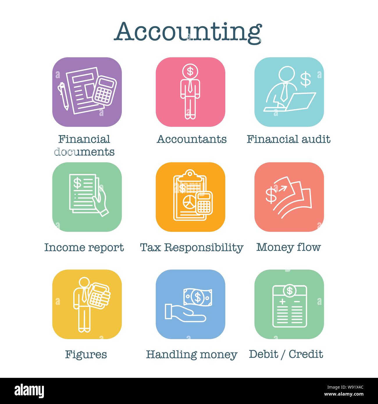 Accountant or Accounting Icon Set w money, accountant and figures ...