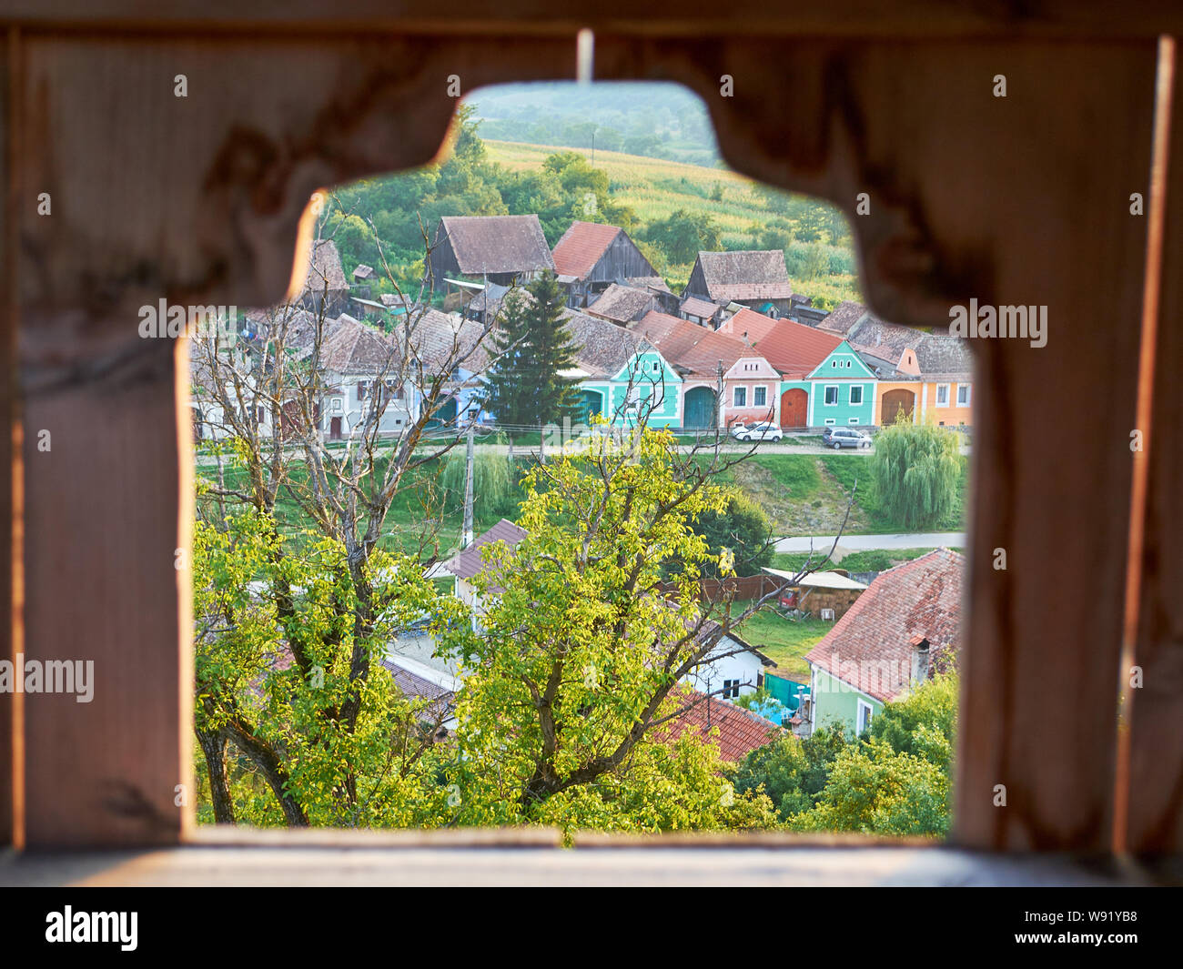 Traditional houses in Transylvania, Romania, seen through a frame in ...
